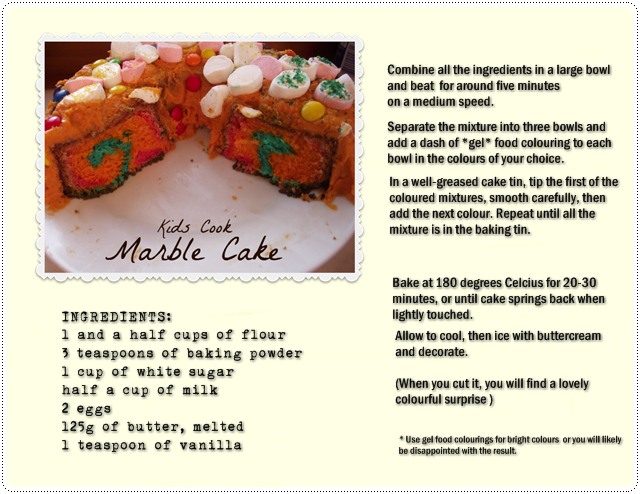Great Fun etc: Kids Cook: Rainbow Marble Cake (with Printable Recipe card)