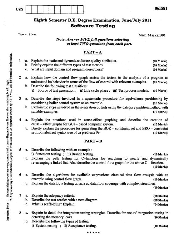 Software Testing 8th sem Question Paper for 8th sem ISE