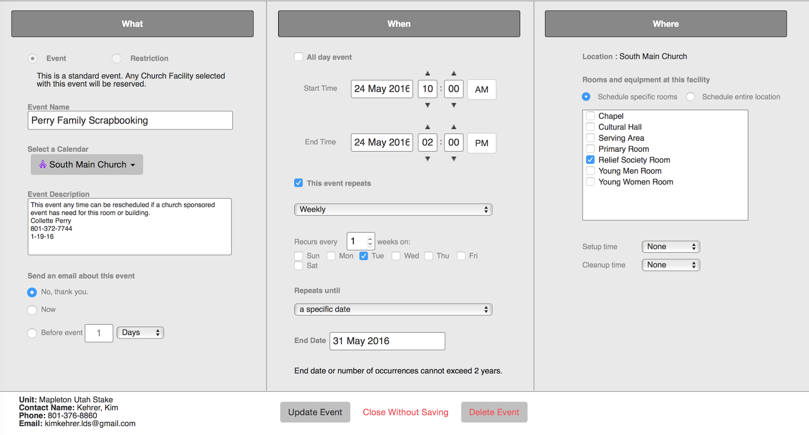 Mapleton Stake Building Reservations: 2017