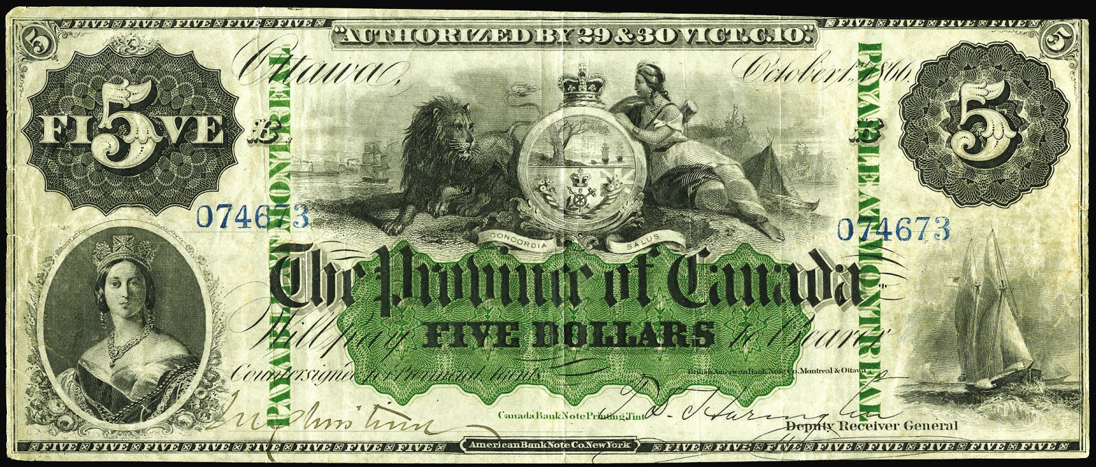 Province of Canada 5 Dollar Bill 1866 Queen Victoria|World Banknotes ...