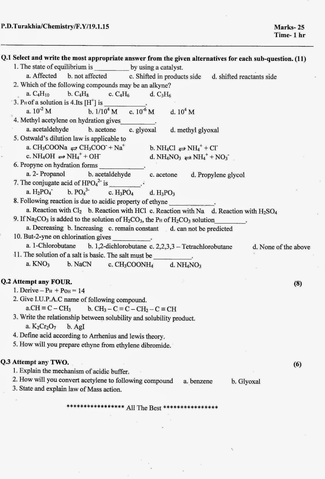 Question Papers Collection: F.Y.J.C. 2nd UNIT TEST