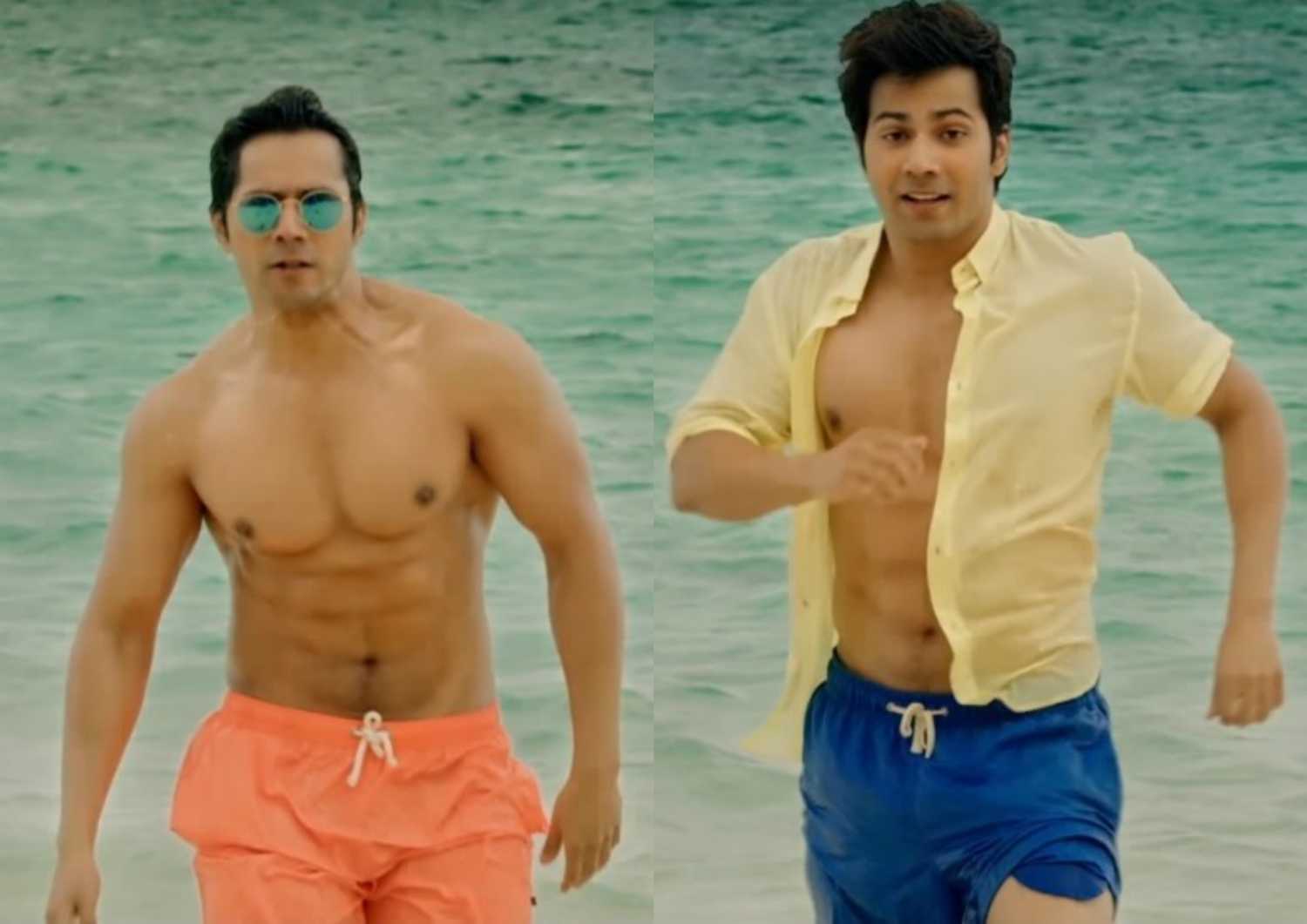 Shirtless Bollywood Men: Varun Dhawan in a swimsuit at the beach and pool