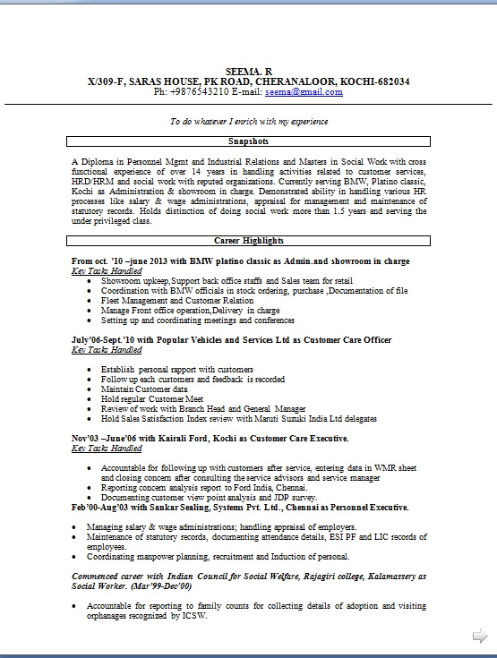 Showroom Incharge Resume Format in Word Format