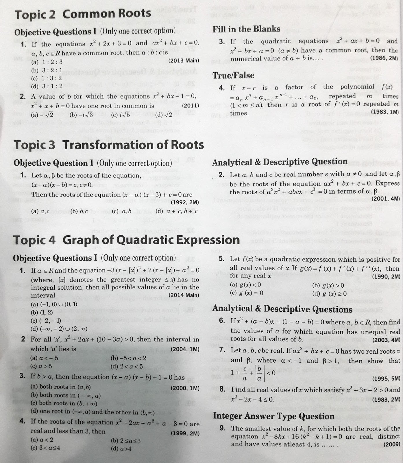Quadratic Equations JEE Advanced 38 Year Previous Year Questions Free PDF Download | All Study ...
