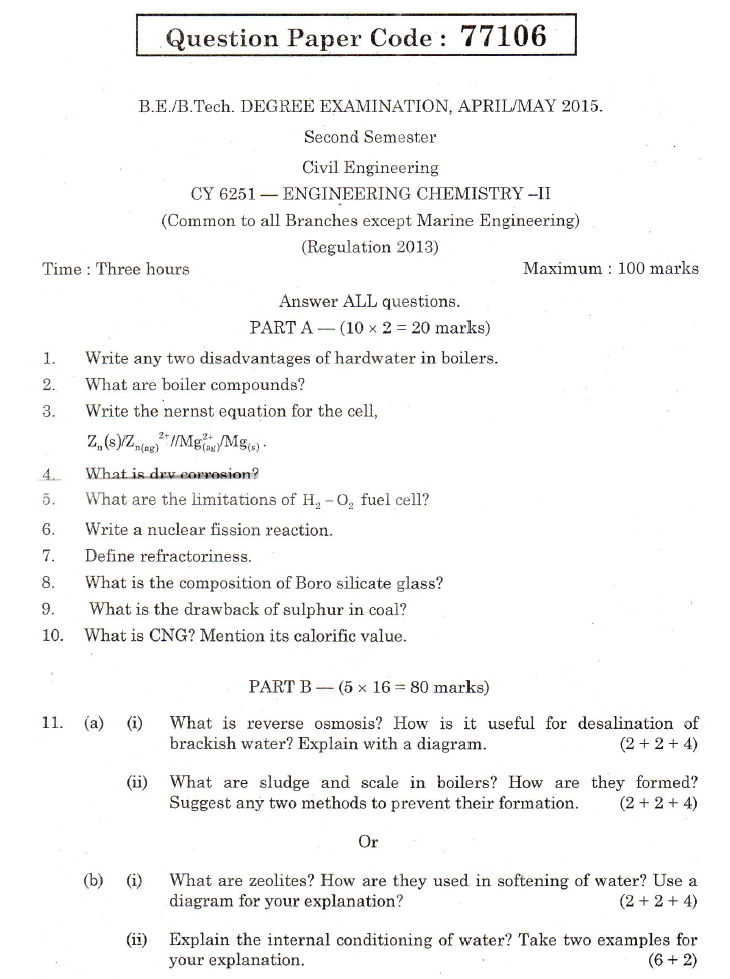CY6251 Engineering Chemistry-II April May 2015 Question Paper ...