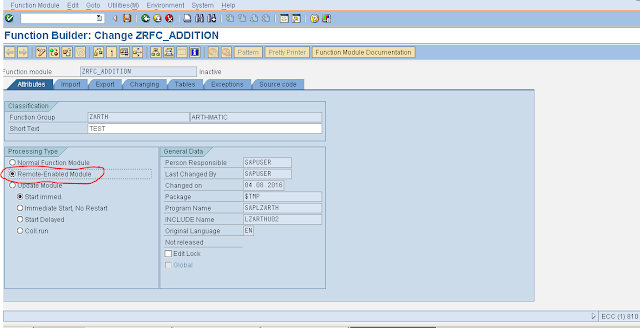 SAP TECH: Creation and Calling an RFC function module from one system to another ( Ex : Addition )