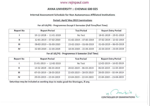 Anna University Internal Assessment Exam Schedule 2018 2019 UG PG
