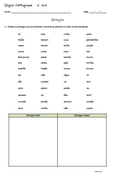 Ditongos Nasais e orais Ficha de Trabalho - EduTotal