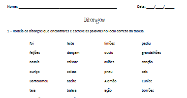 Ditongos Nasais e orais Ficha de Trabalho - EduTotal