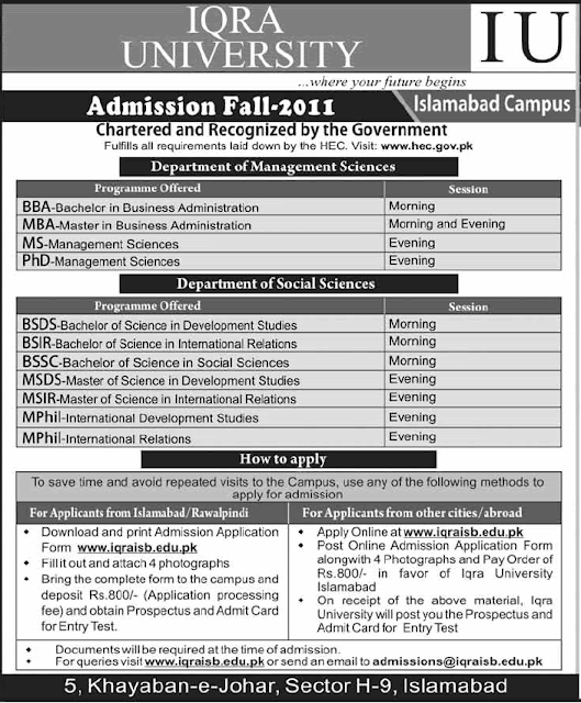 Admission in Pakistan: Iqra University Islamabad admission 2011