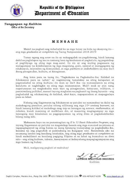 DepEd Memos, Orders & Results: Graduation/Moving-Up 2019 Message ...