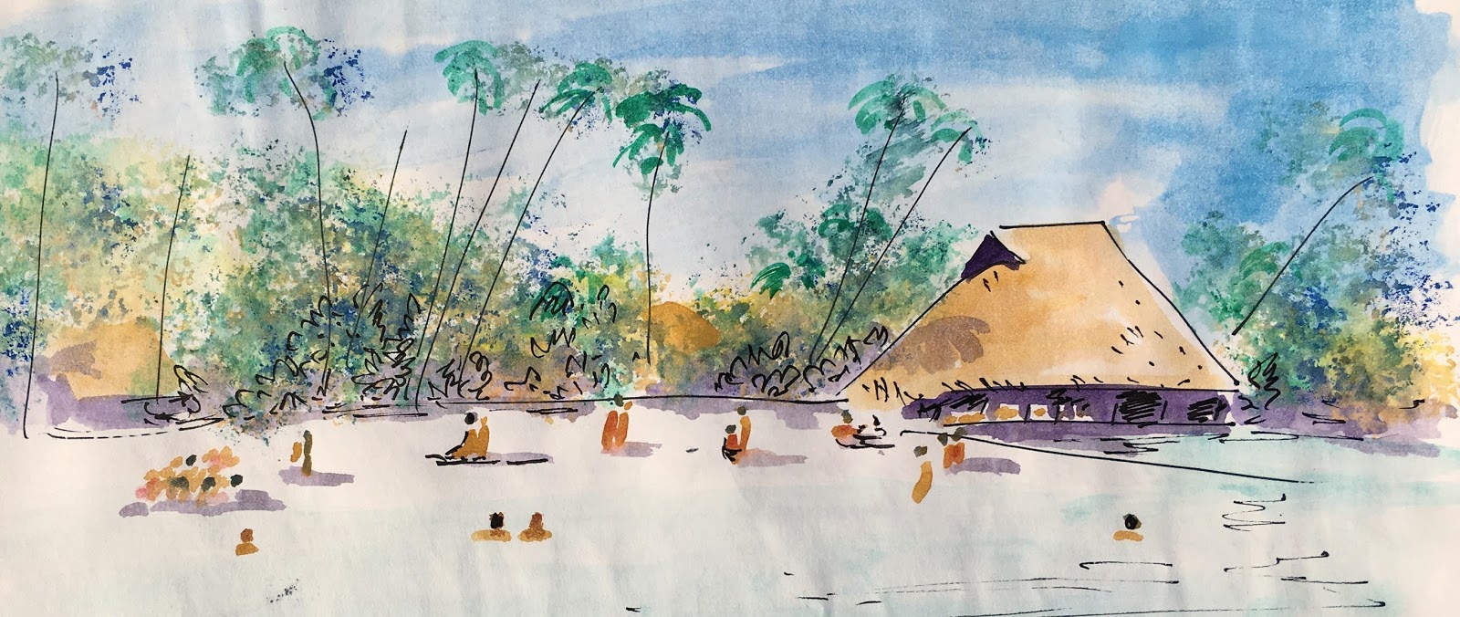 Minnie Valero: SAMOA BEACH SKETCH, ink and watercolor