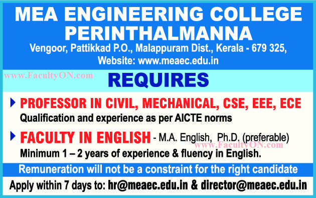MEA Engineering College, Malappuram, Wanted Teaching Faculty - Faculty ...