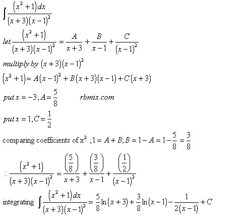 mixture: integral of (x²+1) / [(x+3)(x-1)²] using partial fractions