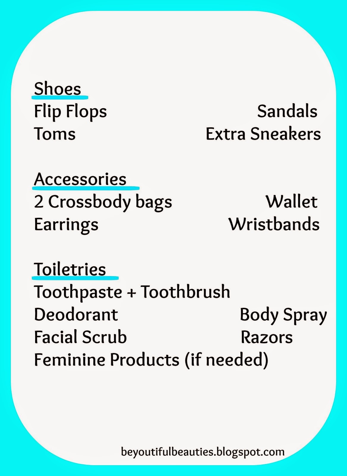 So, I just made a bunch of different categories: Clothes, Undergarments ...