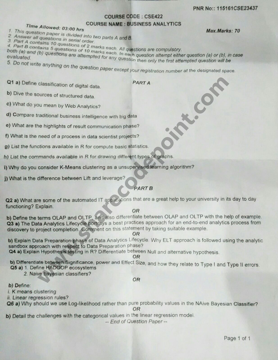 CSE422 : Business Analytics End Term Exam Question Paper