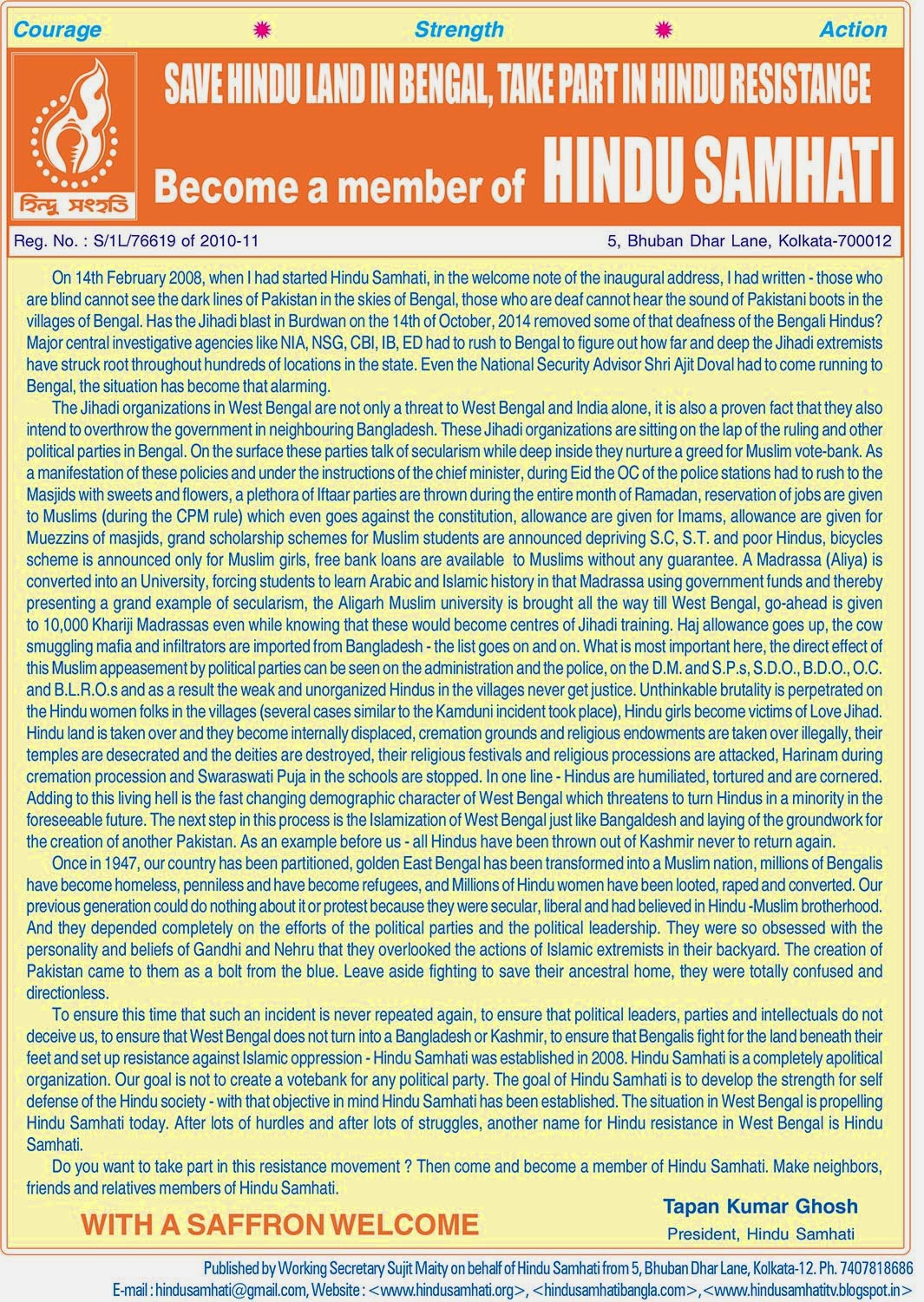 Save Hindu Land In Bengal : Become A Member Of Hindu Samhati