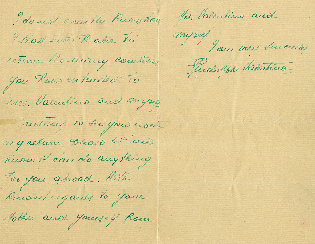 Rudolph Valentino Collectibles: Hand Written Letter from Valentino