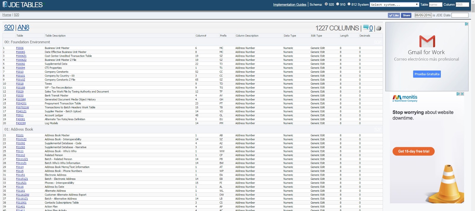 JDE & More: [JDE Edwards] JDETables - Web Referencia de Tablas