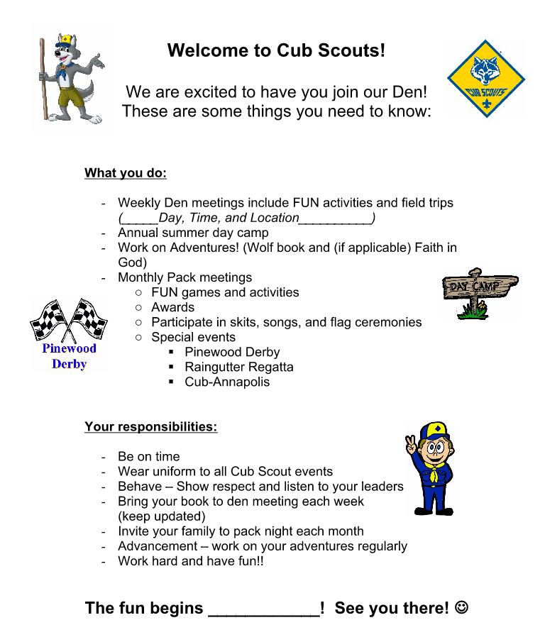 Akela's Council Cub Scout Leader Training: Boy Orientation Letter as ...
