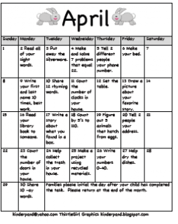 Kinderpond: Homework Calendar- April