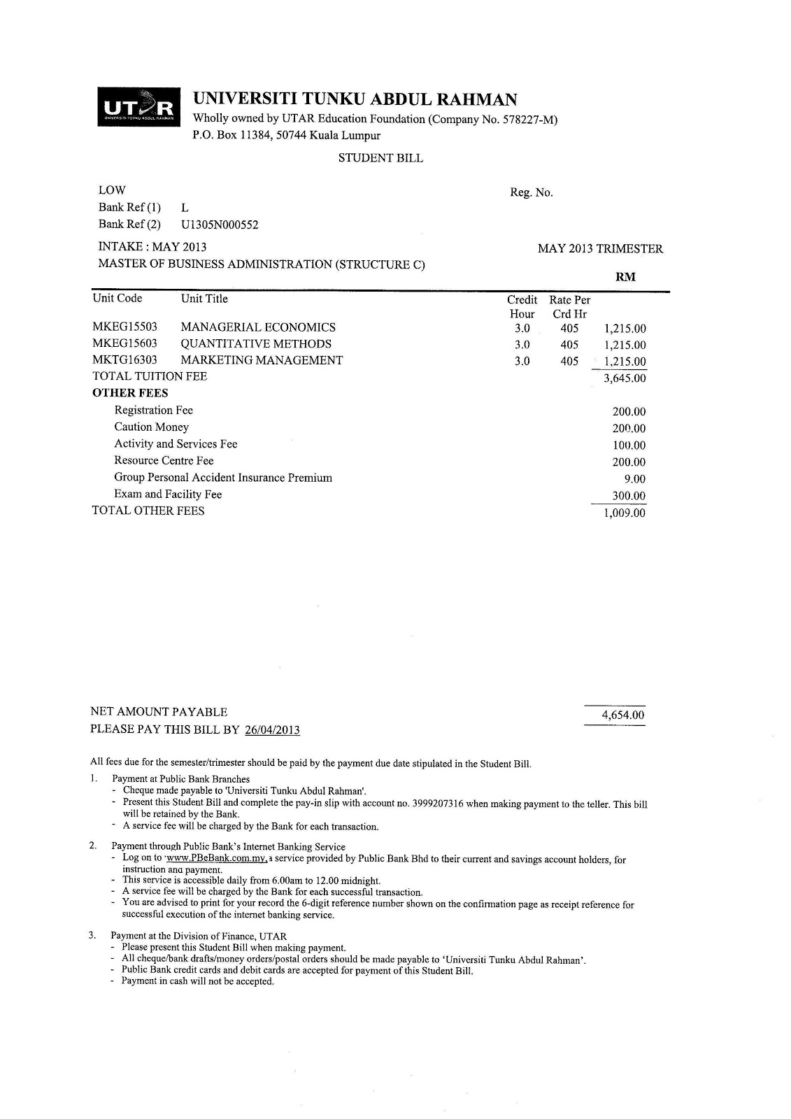 UTAR Part Time MBA Study Diary: Letter of Offer and 1st Student Bill