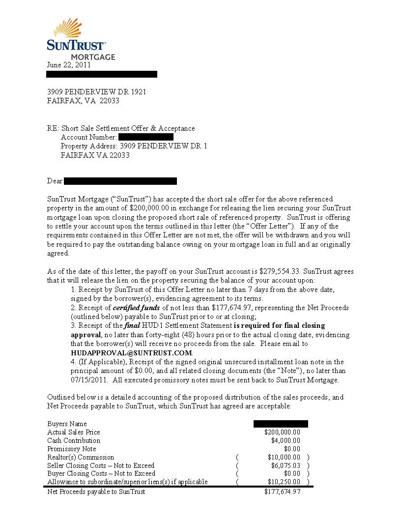Suntrust Bank Short Sale Approval Letter (Preforeclosure)