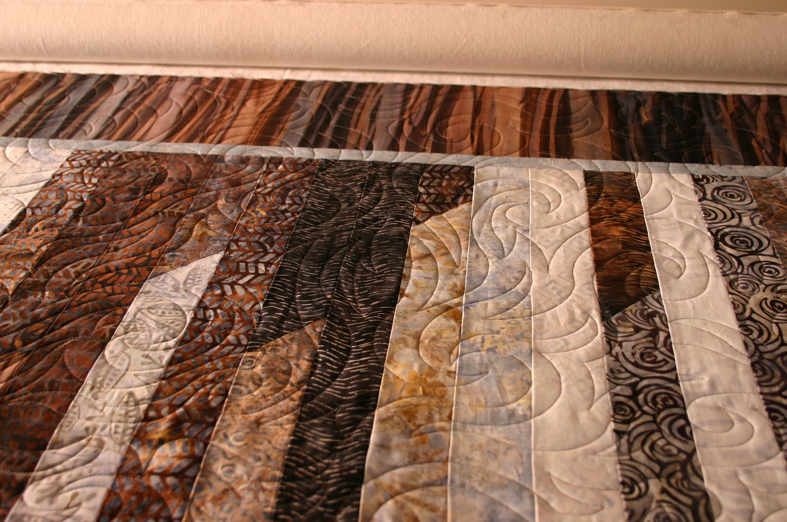 Three Bears Quilting: Kathleen's Brown Batik Strip Quilt is finished!