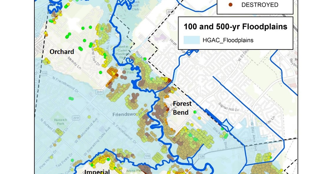 Floodplain map vs. topography - Friendswood example