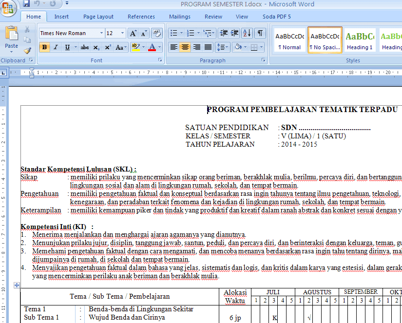 Program Semester (Prosem) Kelas V ( 5 ) Semester 1 dan 2 - Biologizone