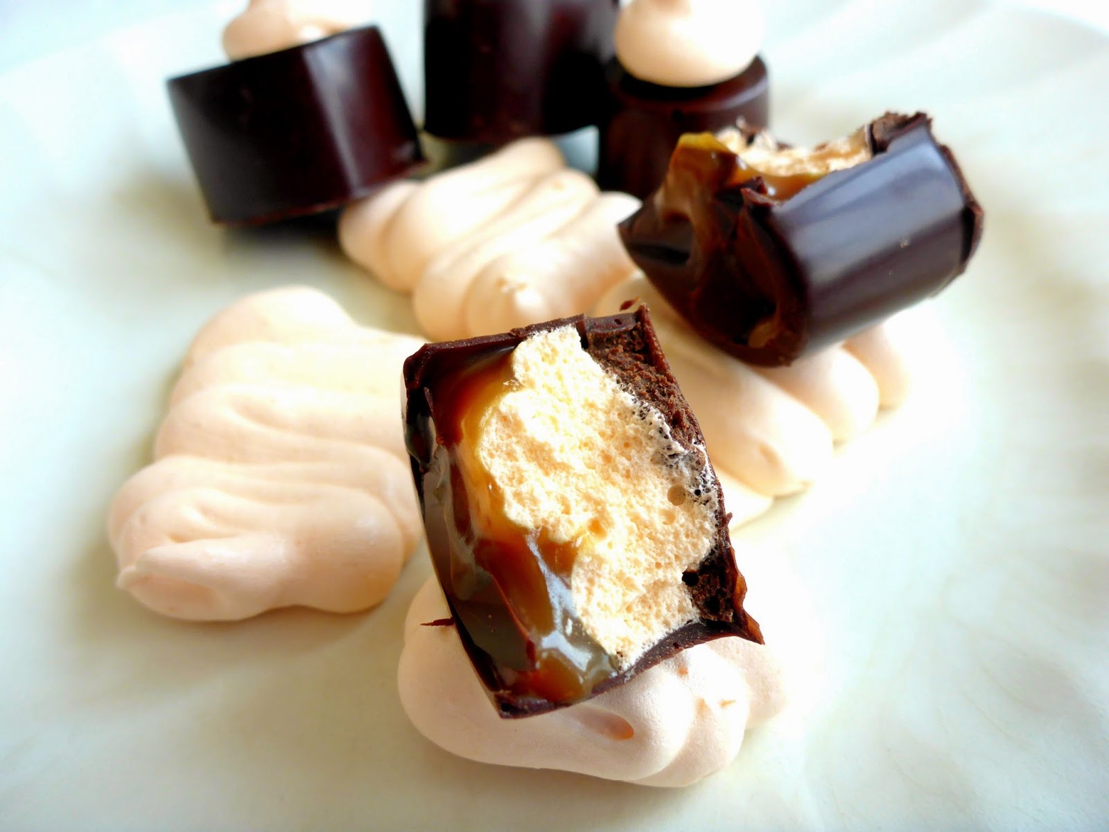 Marshmallow and caramel dark chocolates
