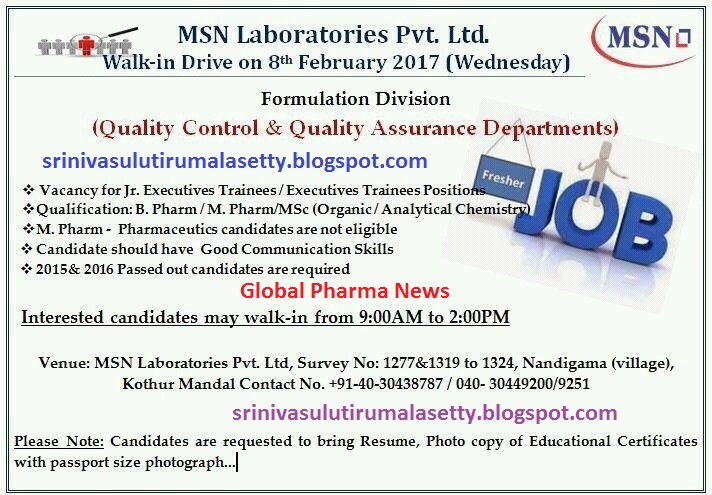 Global Pharma News: MSN LABORATORIES PVT LTD FRESHERS WALK IN ON 08/02 ...