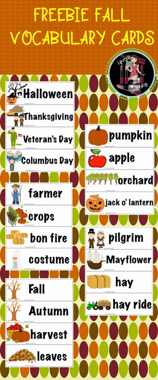 Lipstick and Learning: FREEBIE Fall Vocabulary Cards