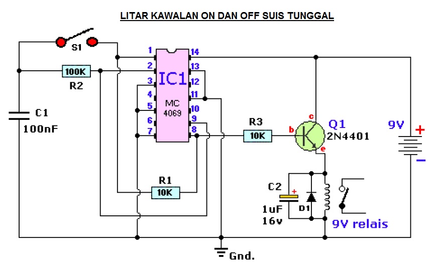 mudah elektronik: LITAR KAWALAN ON DAN OFF SUIS TUNGGAL