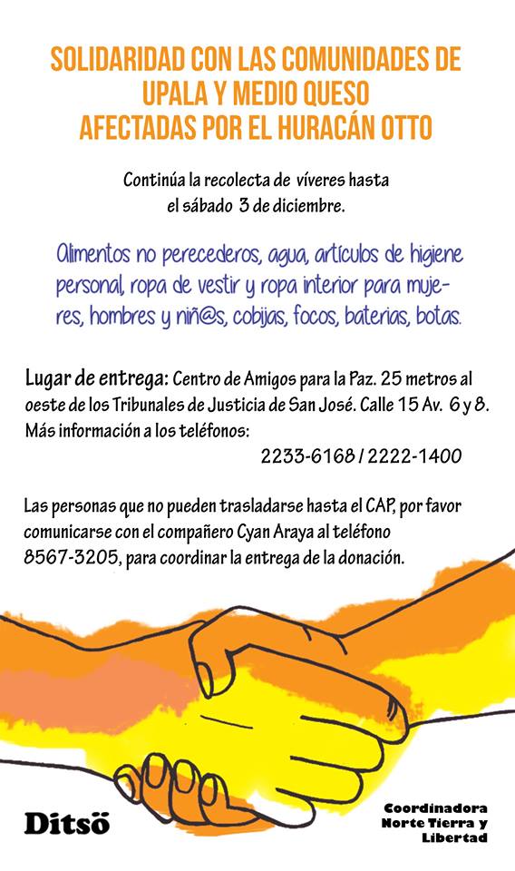 Costa Rica. Recolecta de víveres para familias afectadas por huracán Otto