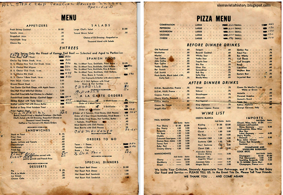 Sierra Vista, AZ History: 1965 Military Inn menu.