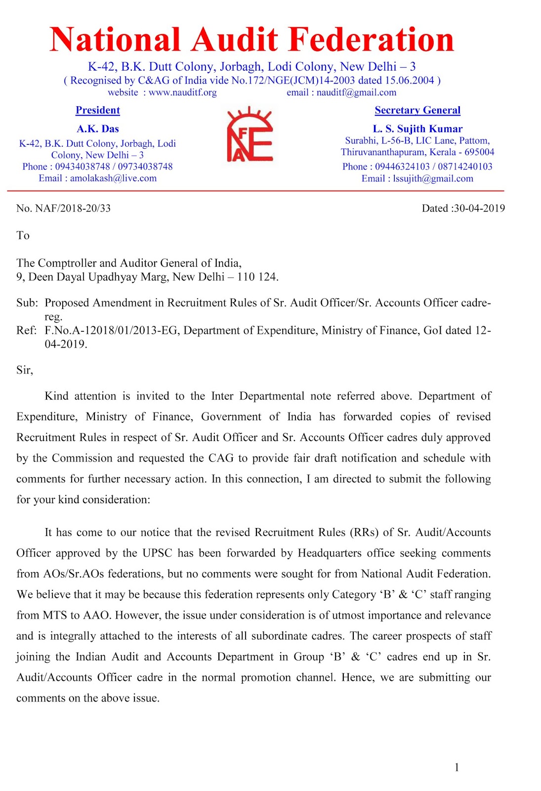 National Audit Federation: Letter submitted to CAG on Sr.AO Group A ...