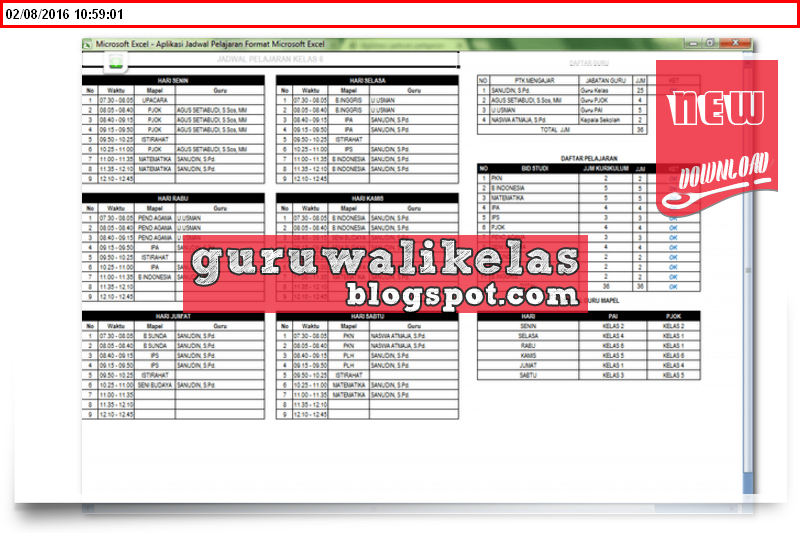 Aplikasi Jadwal Pelajaran SD Format Microsoft Excel New Update 2016/2017