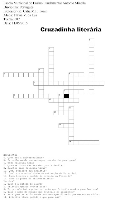 6º Ano/2015: Cruzadinha literária