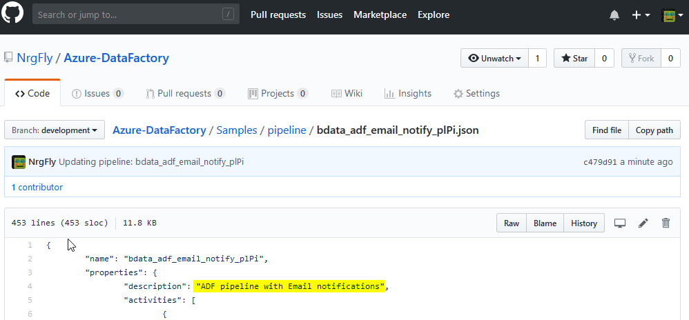 Azure Data Factory integration with GitHub