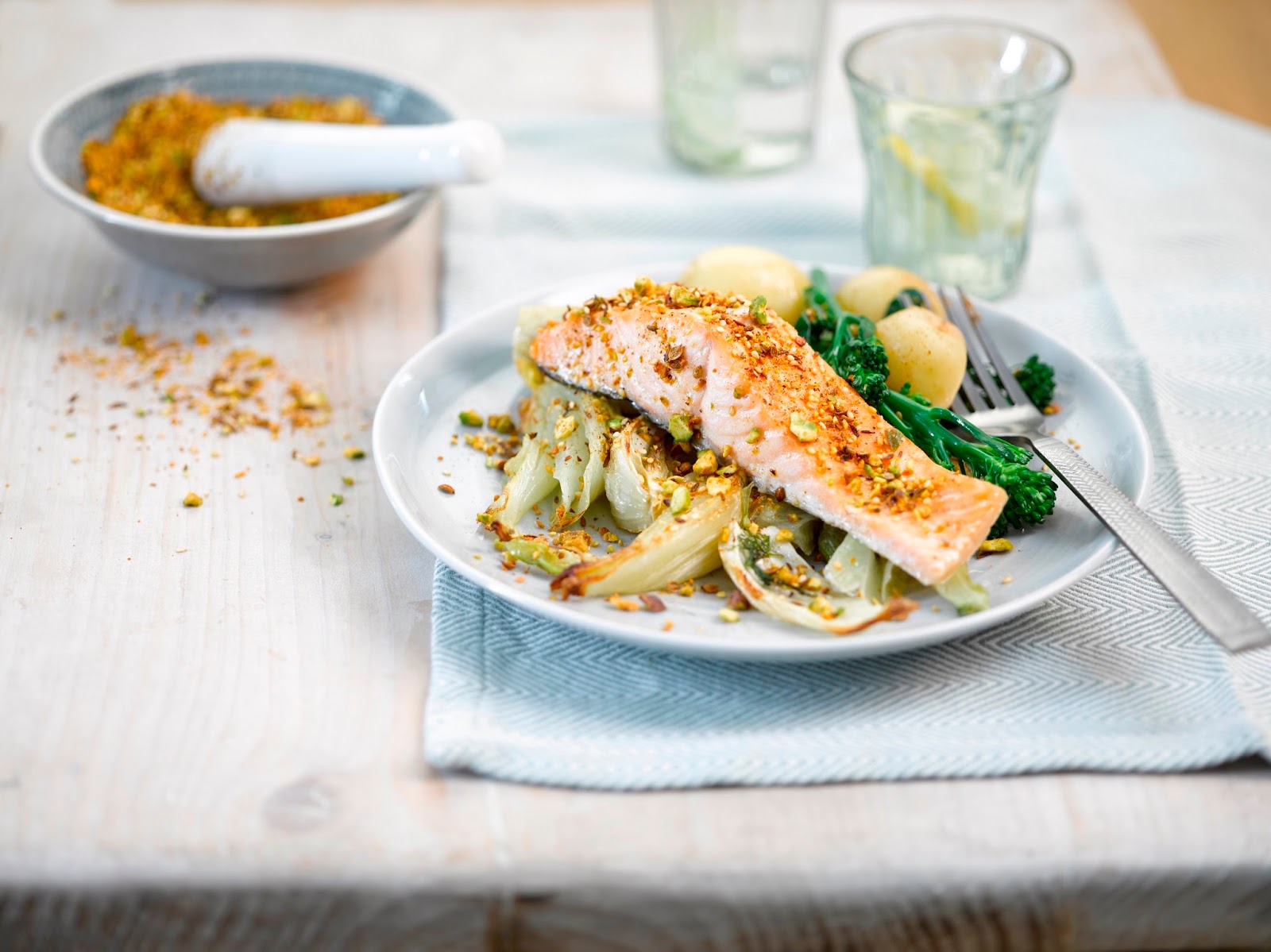 Roast Salmon With Fennel And Pistachio Dukkha - Claire Justine