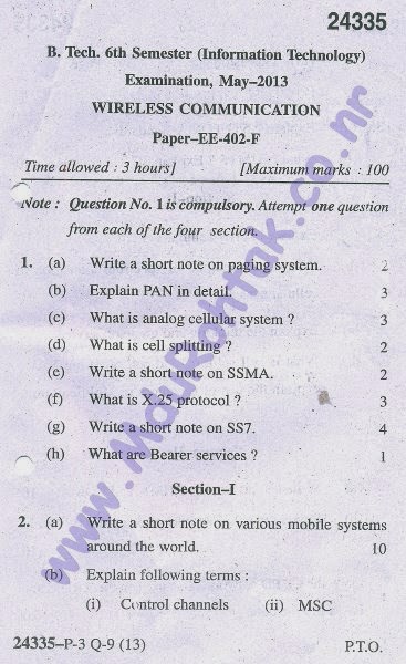 Wireless Communication - WC - May 2013 - B.Tech. 6th Semester Question ...