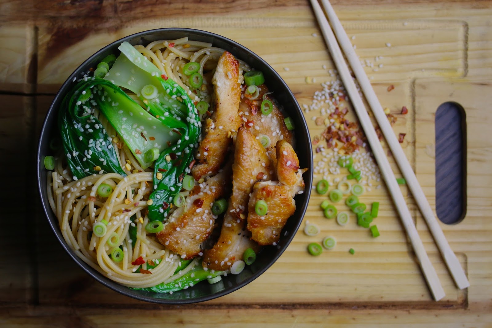 Sesame Noodles with Golden Chicken and Pak Choi
