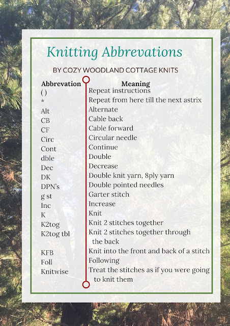 Cozy Woodland Cottage Knits: Knitting abbreviations sheet
