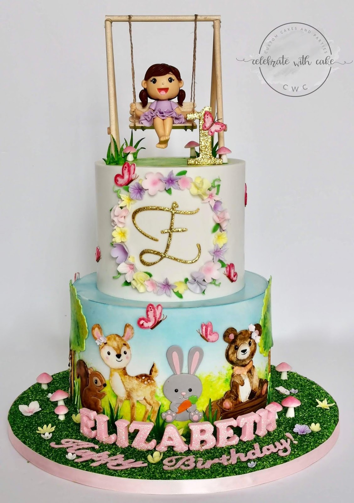 Celebrate with Cake!: Girl in Swing on garden themed 2 tier Cake