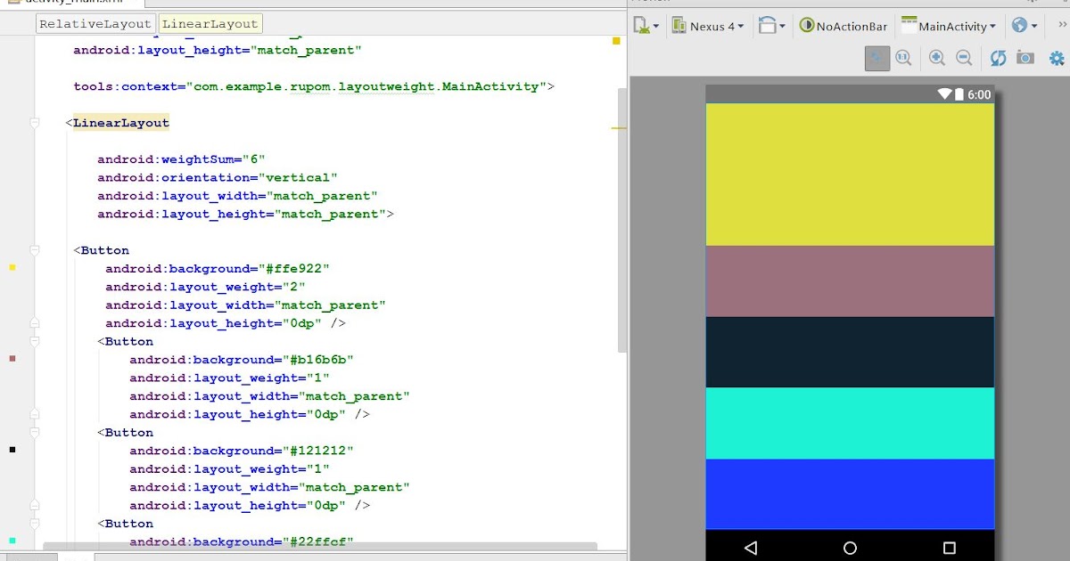 5 Button Layout Using Layout_weight and weightsum properties Android ...