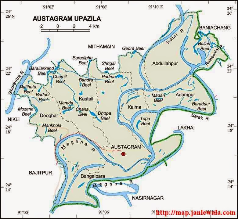 Austagram Upazila Map, Kishoreganj District, Bangladesh