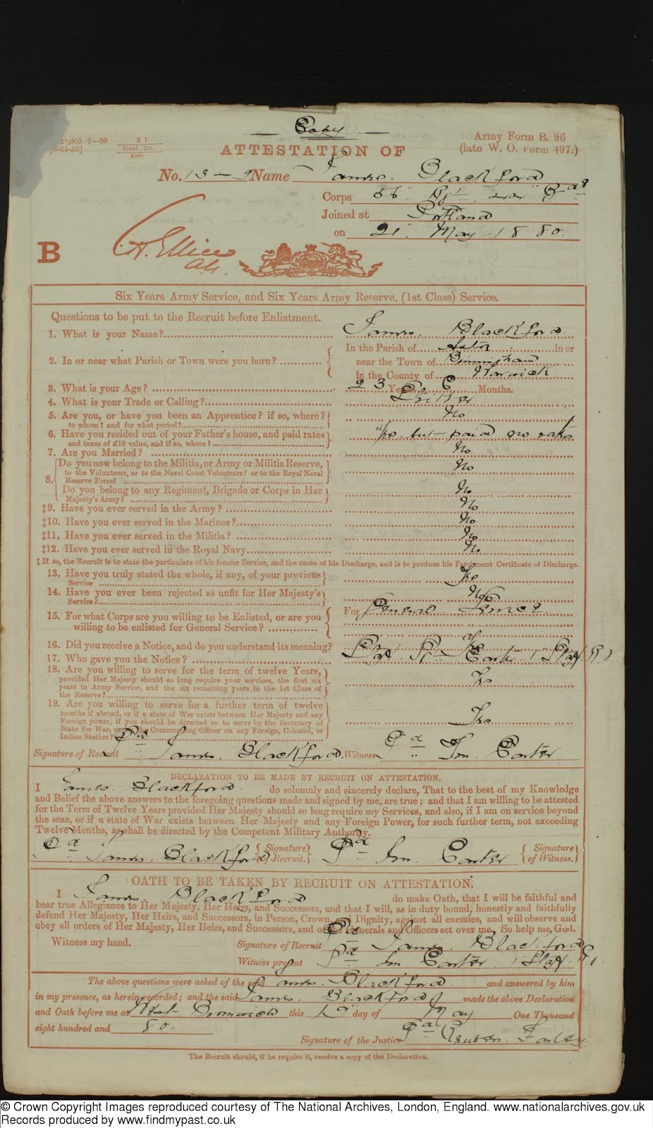 Army Forms & Attestations: Army Form B.96 - 1880 Attestation