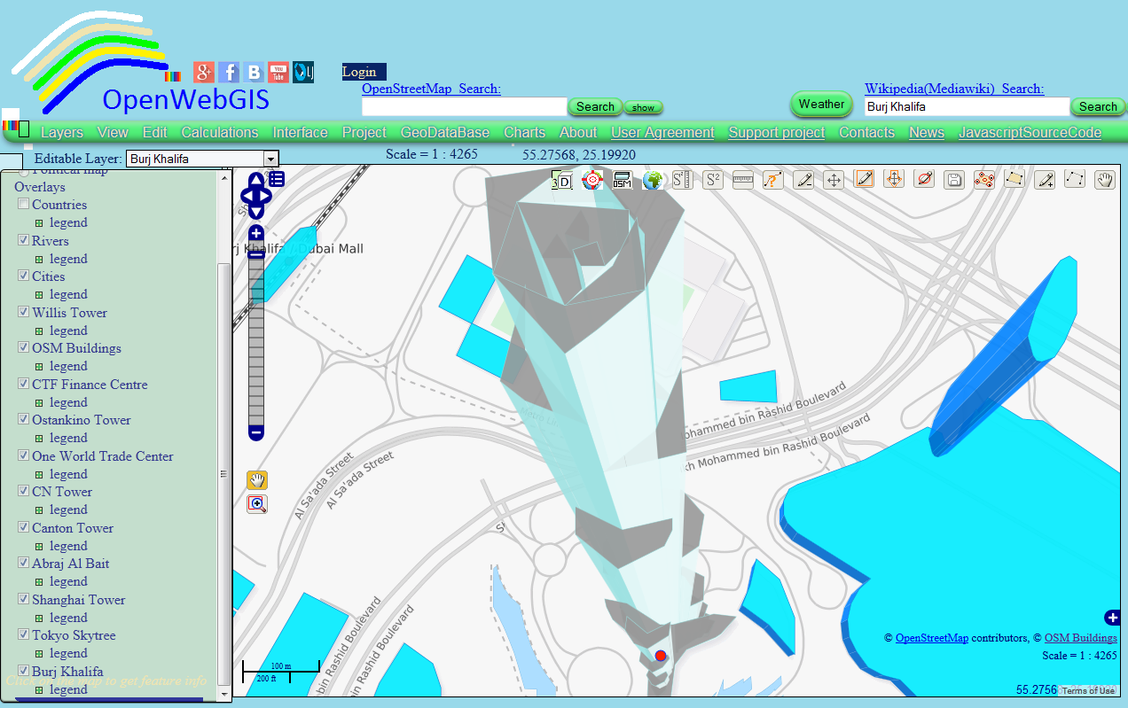 OpenWebGIS is free online GIS: Top 10 tallest freestanding structures on the map