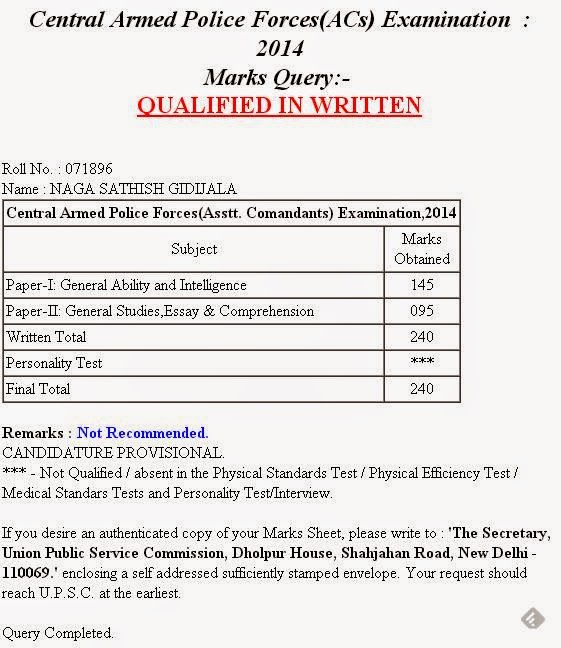 Sathish IFS: CAPF (ACs) 2014 Marksheet